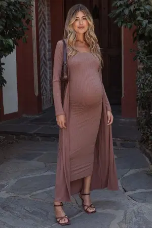 PINKBLUSH Ribbed Sleeveless Dress Cardigan Set - Mocha