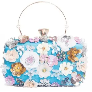 LAUREN LORRAINE Rhinestone Evening Clutch With Floral Appliqués - Blue
