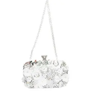 LAUREN LORRAINE Rhinestone Evening Clutch With Floral Appliqués - Silver