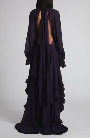 Alexander McQueen Draped Ruffle Long Sleeve Silk Georgette Gown