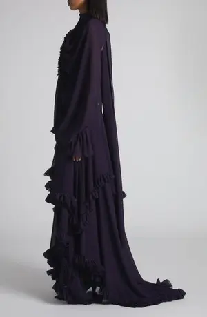 Alexander McQueen Draped Ruffle Long Sleeve Silk Georgette Gown