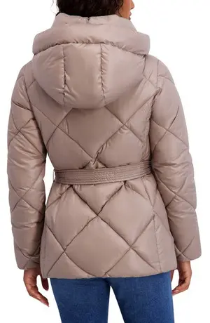 Kensie Belted Diamond Quilted Puffer Coat - Champagne