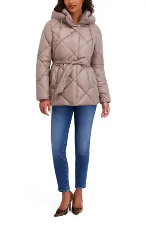 Kensie Belted Diamond Quilted Puffer Coat - Champagne