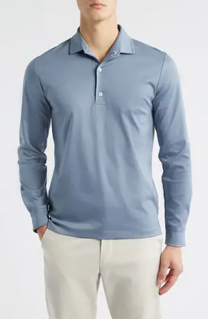 AURELIEN Mercerized Cotton Long Sleeve Polo - Steel Blue