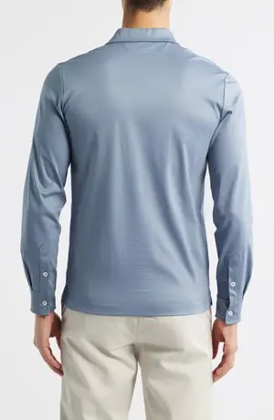 AURELIEN Mercerized Cotton Long Sleeve Polo - Steel Blue