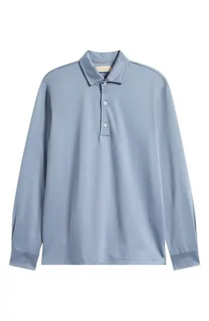 AURELIEN Mercerized Cotton Long Sleeve Polo - Steel Blue