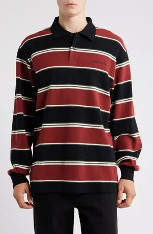 Carhartt Work In Progress Malone Long Sleeve Cotton Rubgy Shirt - Malone Stripe Dark Brick