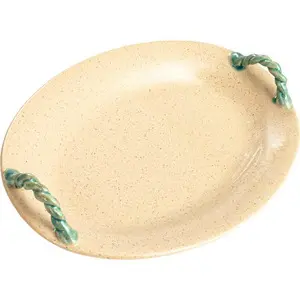 STORIED HOME Oval Terra-cotta Platter With Hand-painted Braided Handles - Cream