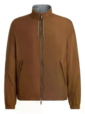 Zegna Leather-detail Zip-up Jacket - Brown