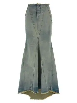 Off White Long Stonewashed Denim 'jane' Skirt With Fringed Details - Light Blue