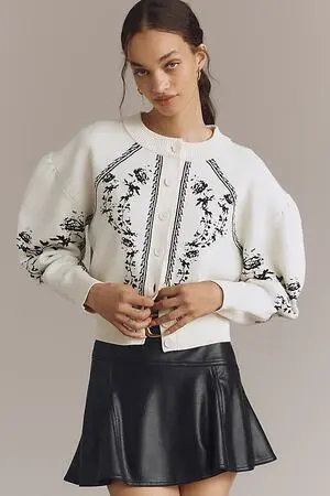 Anthropologie Sculpted Puff-sleeve Cardigan Sweater - Ivory Floral