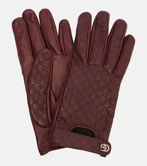 Gucci Double G Debossed Leather Gloves - Burgundy