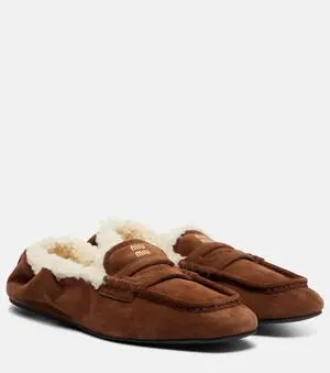 Miu Miu Ruches Shearling-Lined Suede Penny Loafers Brown