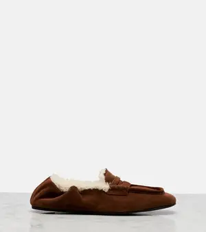 Miu Miu Ruches Shearling-lined Suede Penny Loafers