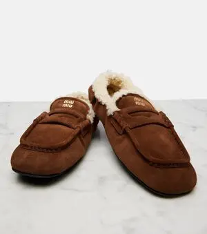 Miu Miu Ruches Shearling-lined Suede Penny Loafers