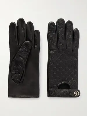 Gucci Debossed Leather Gloves - Black