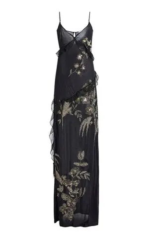 WIEDERHOEFT Arbe Embroidered Silk Jersey Dress - Black