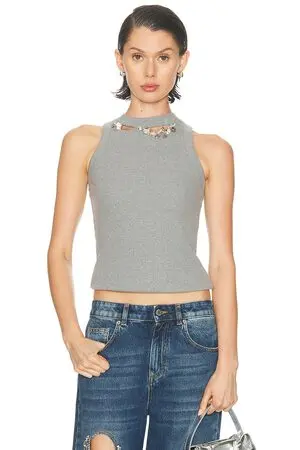 AREA Distressed Crystal Ribbed Knit Tank Top - Grey Melange