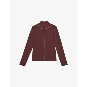 REISS Contrast-stitch Stretch-knit Jumper - Burgundy Camel