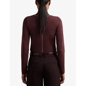 REISS Contrast-stitch Stretch-knit Jumper - Burgundy Camel