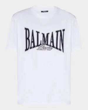 Balmain Flocked College Logo Crewneck T-shirt - Gab Blanc/