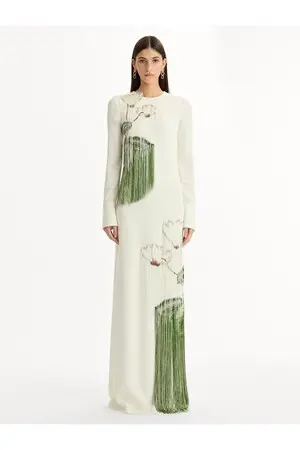 Oscar De La Renta Chiné Cyclamen Threadwork Fringe Caftan