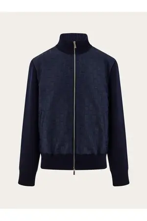 FERRAGAMO Monogram Jacquard Knit Bomber Jacket - Navy