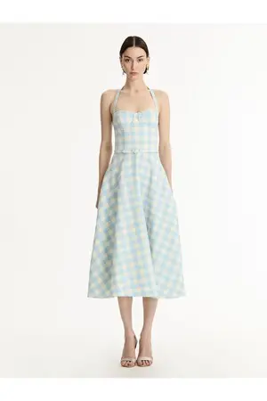 Oscar De La Renta Gingham Bustier Wool-blend Dress - Natural