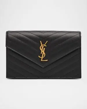 Saint Laurent Small Wallet On Chain In Grain Leather - Nero