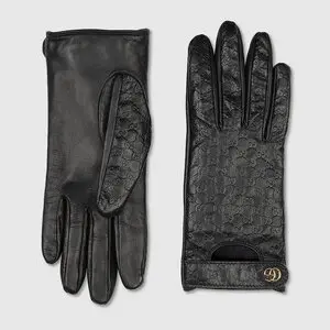 Gucci Gg Leather Gloves With Double G - Black