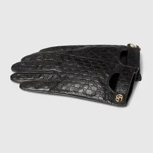 Gucci Gg Leather Gloves With Double G - Black