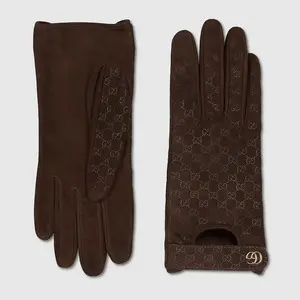Gucci GG Leather Gloves With Double G Brown