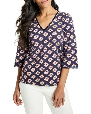 NIC+ZOE Geo Garden Elbow Sleeve Fringe Tee - Indigo Multi