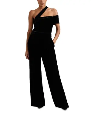 REISS Daria Velvet One Shoulder Jumpsuit - Black