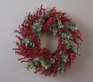 VALERIE PARR HILL As Is 24' Illuminated Berry And Eucalyptus Wreath- Valerie - One-color