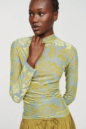Anthropologie Flocked Mock-neck Long-sleeve Top - Blue Pattern