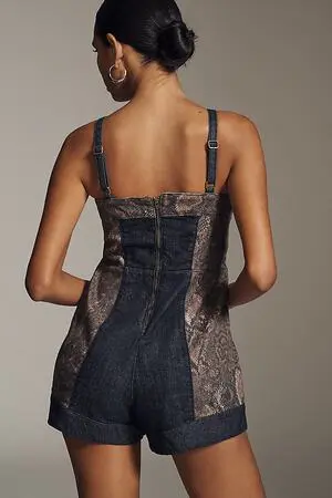 PILCRO Sleeveless Snake Print Denim Romper