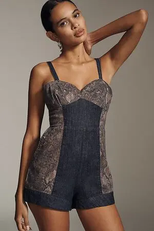 PILCRO Sleeveless Snake Print Denim Romper