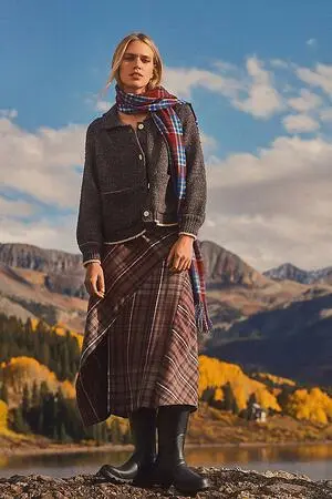 Anthropologie Asymmetric Hardware Wrap Midi Skirt - Brown Plaid
