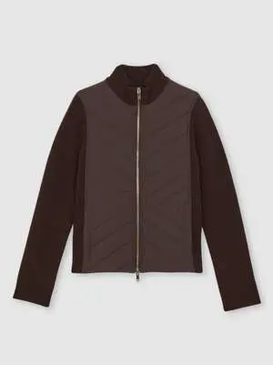 REISS Hybrid Quilted Zip-through Knit Jacket - Chocolate Brown