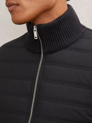 REISS Quilted Rib-knit Funnel-neck Jacket - Navy