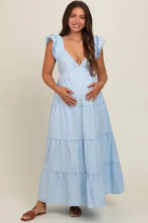 PINKBLUSH Ruffle Trim Maxi Dress - Light Blue