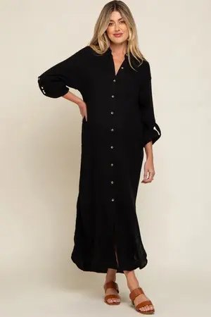 PINKBLUSH Button Down 3/4 Sleeve Midi Dress
