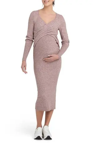 RIPE MATERNITY Heidi Long Sleeve Maternity/nursing Dress - Pink Marl