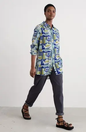 SEASALT CORNWALL Abstract Print Cotton Blend Button-up Shirt - Windowscape Sketch Chalk