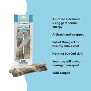 ICELANDIC+ Cod Skin 10" Long Hand Wrapped Dog Chew Stick, 2pack