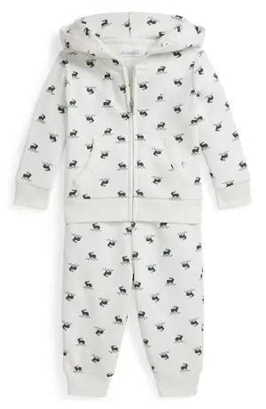 Ralph Lauren Reindeer Print Fleece Hoodie & Pants Set - White Multi