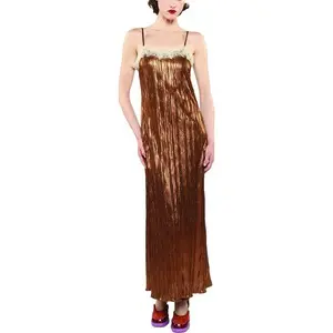 Anna Sui Fortuny Pleats Lace Slip Maxi Dress - Bronze
