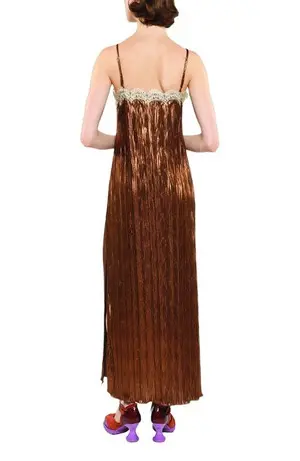 Anna Sui Fortuny Pleats Lace Slip Maxi Dress
