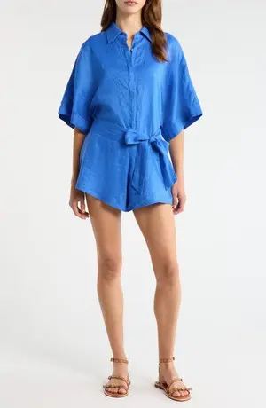 Elan Linen Cover-up Romper - Sapphire Blue